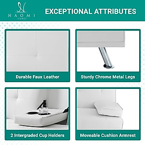 Naomi Home Transform Your Living Space with Comfort White Futon Sofa Bed with Armrest, Cupholders, & Reclining Function, Ideal for Cozy Living Rooms! Sofa Bed Couch with Metal Legs, Faux Leather
