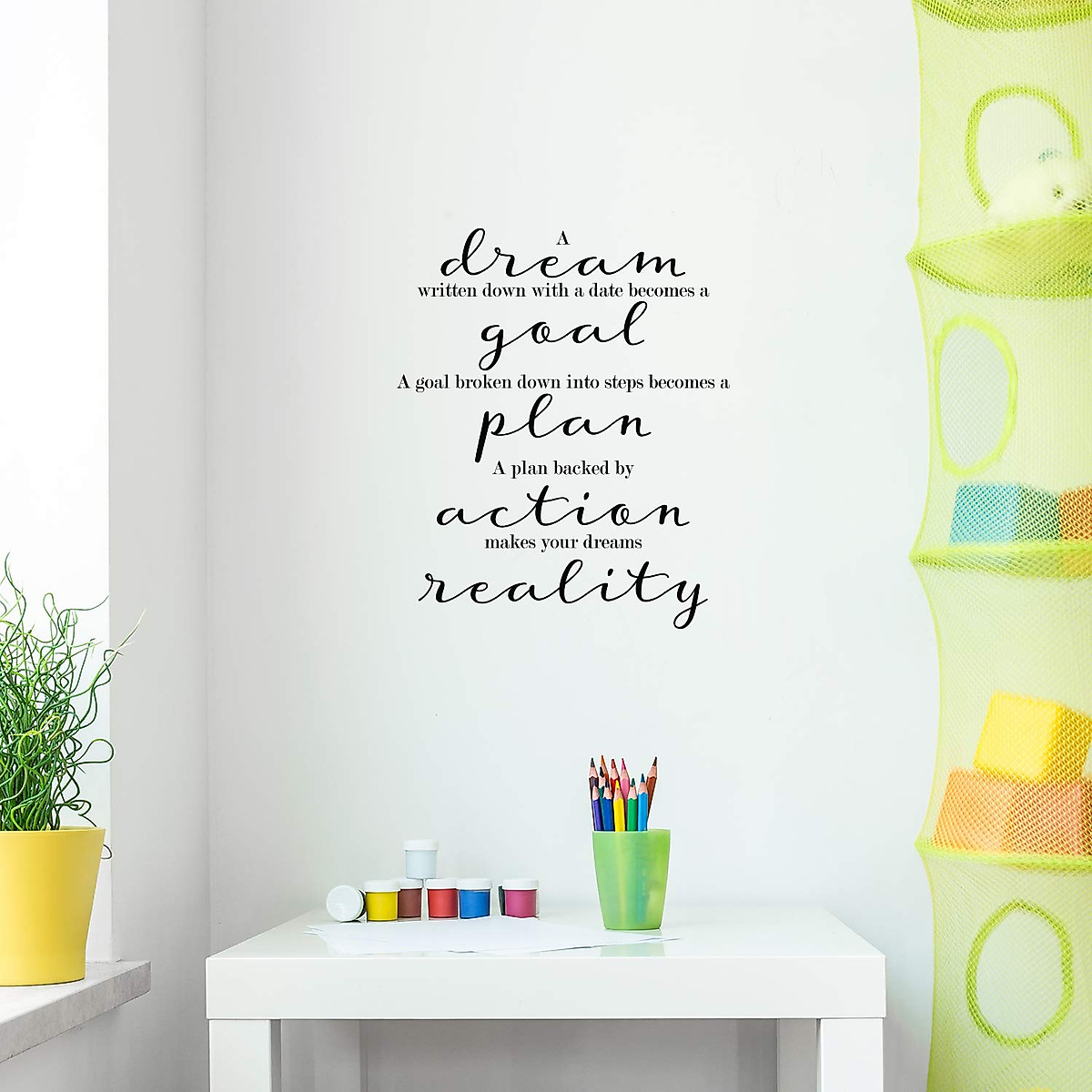 Vinyl Wall Art Decal - A Dream, A Goal, A Plan, Action, Dreams Reality - 26.5" x 22" - Trendy Inspirational Positive Mind Change Quote Sticker for Bedroom Playroom Office School Store Decor (Black)