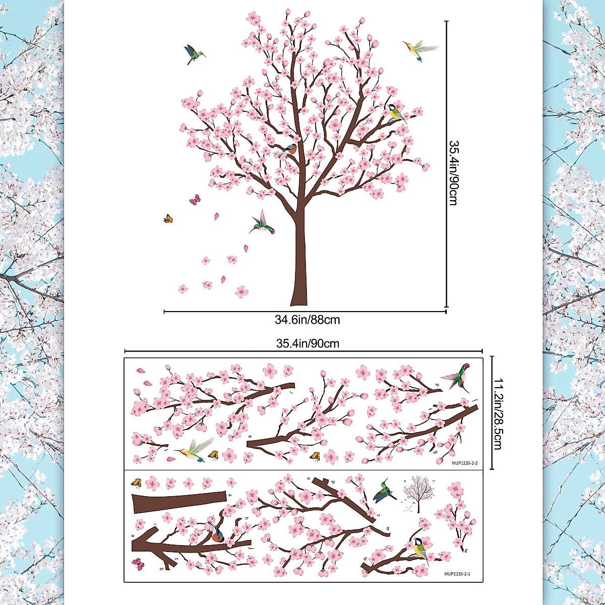 2 Sheets Removable Pink Peach Tree Wall Decals Cherry Blossom Trees Wall Stickers Birds Butterfly Wall Decal Home Art Decor for Kids Girls Babys Bedroom Nursery Room Living Room Decorations (A)