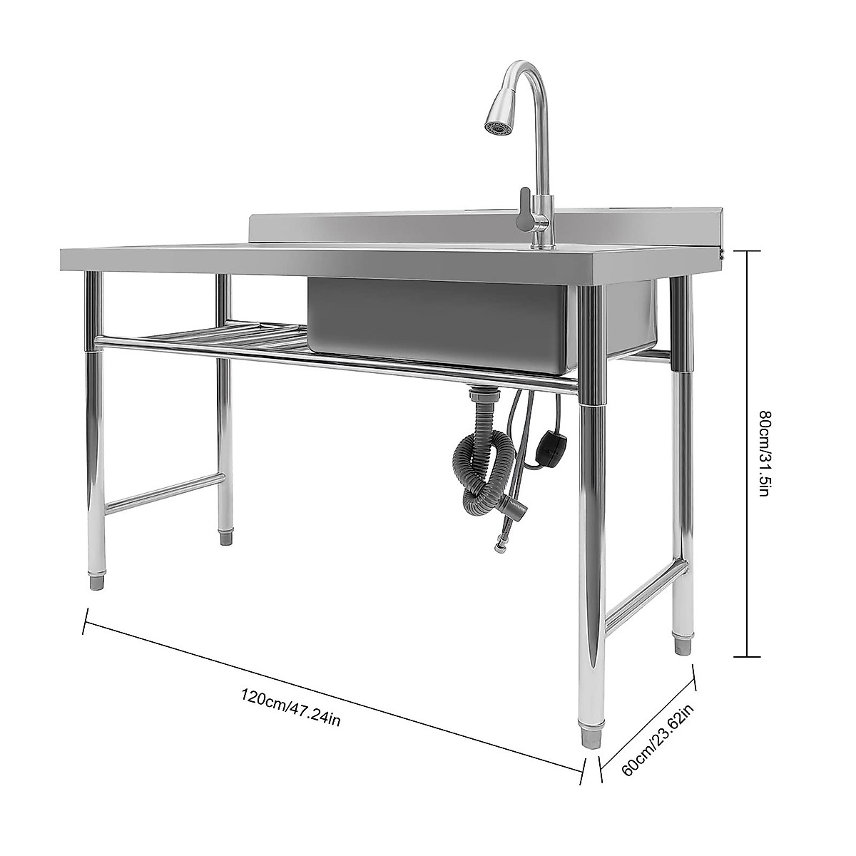 Free Standing Stainless Steel Sink Single Bowl Commercial Restaurant Kitchen Sink Set Prep & Utility Sink w/Faucet & Drainboard, Washing Hand Basin for Indoor Outdoor, 47.2" x 23.6" x 31.5"