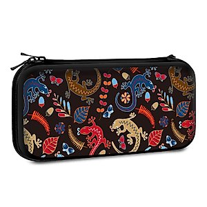Carrying Case Compatible with Switch 2017 / Switch OLED 2021 Console Joy-Con with 10 Game Card Slots , Lizards, leaves, flowers and acorns on a black background