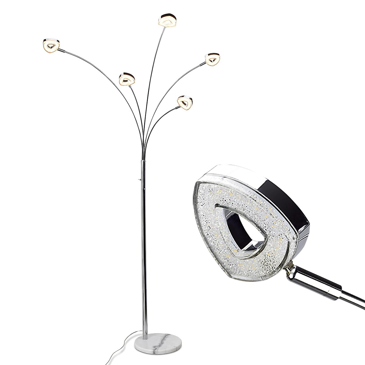 DLLT 5-Light LED Living Room Floor Lamp-Dimmable Bedroom Standing Light with Adjustable Arm & Head, Modern Contemporary Tree Tall Pole Lamps for Office with 3 Brightness Level, Warm White, Sliver