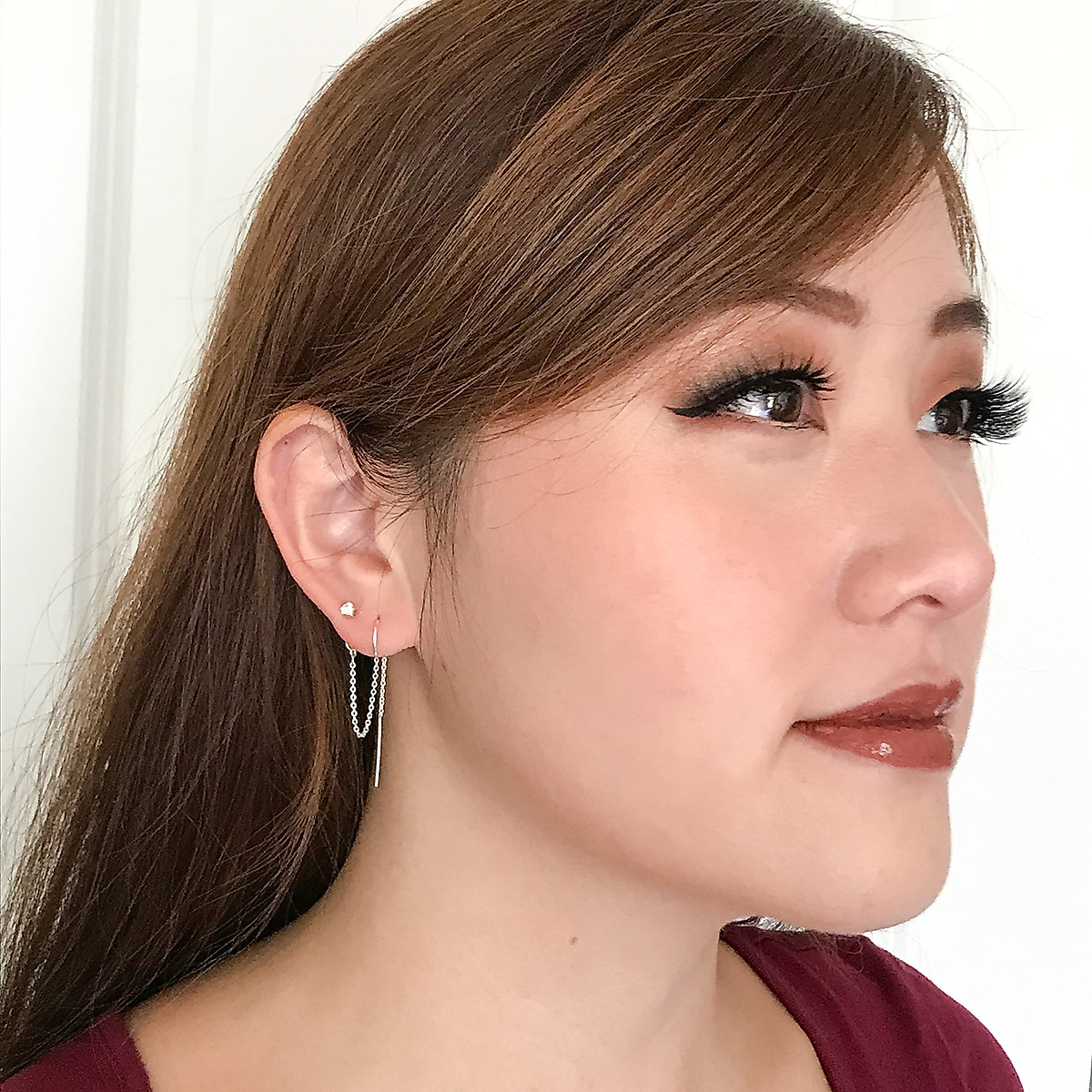 Sterling Silver Double Piercing Earrings Two Hole Earrings Cz Threader Earrings For Women Chain Earrings Set Boho Jewelry Cubic Zirconia (Sterling Silver)