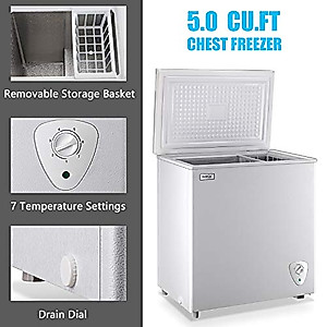 Chest Freezer Compact Deep Freezer WANAI 5.0 Cu.Ft for Garage Adjustable Temperature 7 Thermostat and Energy Saving Removable Basket for Garage Basement Dorm Apartment Kitchen Business
