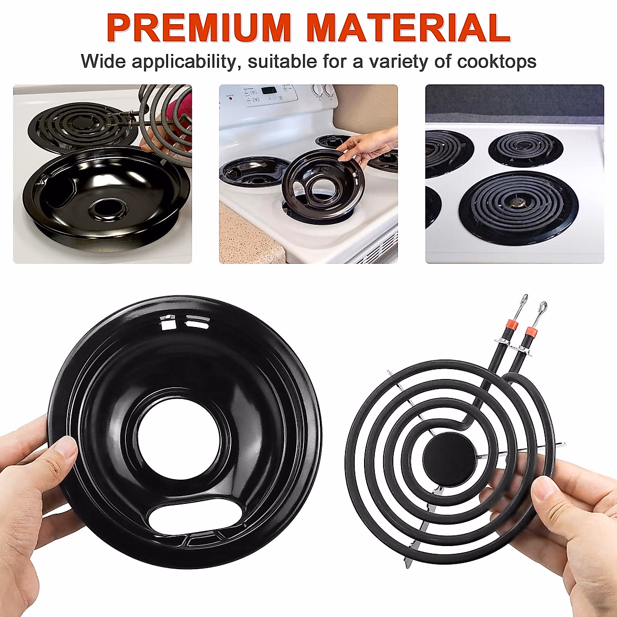 W10290350 W10290353 Black Porcelain Burner Drip Pans By AMI PARTS - Replacement for Whirl-pool Electric Range Cooktop - Includes 2 8-Inch and 2 6-Inch Pans