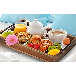 Ottoman Tray, 16.5"x12.5" Acacia Wood Serving Tray with Black Metal Handles, Great for Ottoman Tray, Food Tray, Breakfast Tray, Eating Tray……