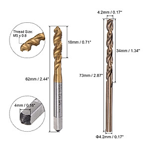 uxcell M5 x 0.8 Spiral Flute Tap 4.2mm Drill Bit Set, Metric Titanium Plated M35 Cobalt High Speed Steel Machine Threading Screw Tap Drilling Tool