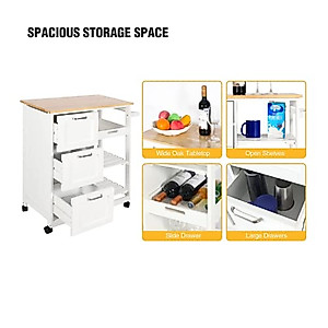 AKVOMBI Rolling Kitchen Island Cart with Wood Countertop, White Kitchen Trolley Carts on Wheels with 3 Drawers, Towel Rack, Adjustable Shelves