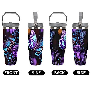 BWQJKUO Large Capacity Car Cup 30 Oz Stainless Steel Purple Butterfly And Flowers Printed Travel Mug Leak-proof Flip Straw Tumbler with Handle,keeps Cold Or Ho