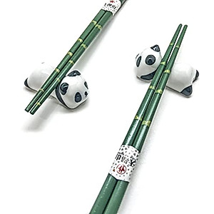 LANHUTHS Wooden Chopsticks Reusable 5 Pairs Gift Set with 5pcs porcelain rest Panda and Green Bamboo Design Hand-Made 8.8 Inch/22.5cm