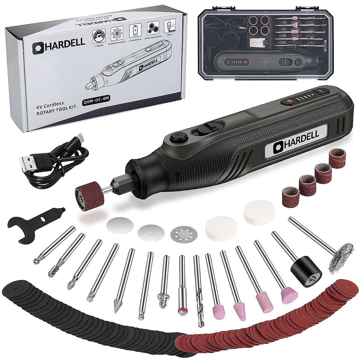 HARDELL Cordless Rotary Tool, 2.0Ah 4V Rotary Tool Kit 25000RPM & HARDELL 282Pcs Rotary Tool Accessories Kit