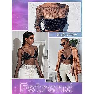 Fstrend Mesh Body Chains Rhinestone Crystal See Through Crop Tops Fishnet Dress Cover Up Black EDM Festival Outfits for Women