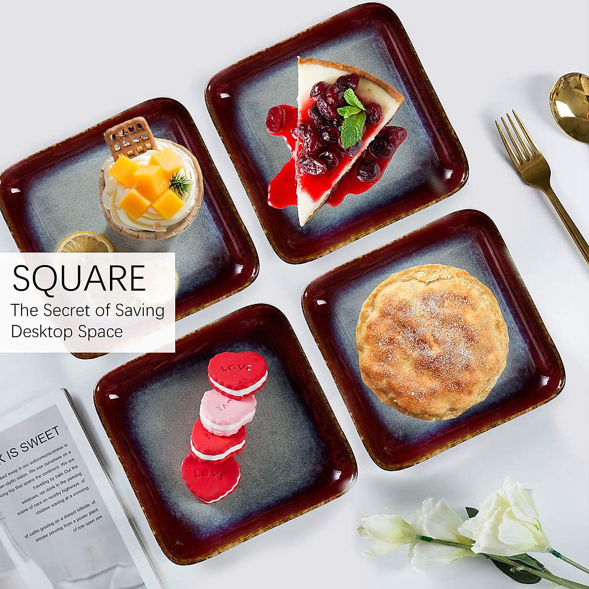 Ceramic Square Plate Sets - Dessert, Appetizer, Snack, Small Dinner Plate Scratch Resistant, Porcelain Serving Side Dish 6.3 Inch Microwave & Oven, Dishwasher Safe - Set of 4, Reactive Red
