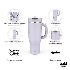 Zak Designs Harmony 2-in-1 Coffee Tumbler for Travel or At Home, 40oz Recycled Stainless Steel is Leak-Proof When Closed and Vacuum Insulated with Handle (Smoky Lilac Purple)
