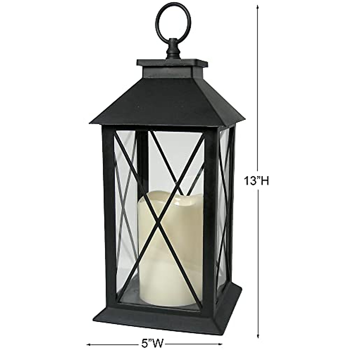 Decorative Black Lantern with Cross bar Design - LED Flickering Flameless Pillar Candle with 5 Hour Timer Included - Indoor/Outdoor Lantern - 13" - Pack of 6