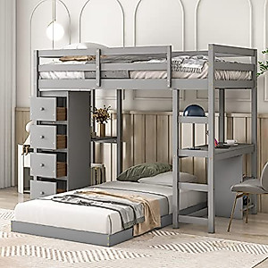 Merax Twin Over Twin Bunk Bed with 2 Desk and 4 Storage Drawers and Built-in Shelves, Wood Loft Bed Frame for Teens, No Box Spring Need, Grey