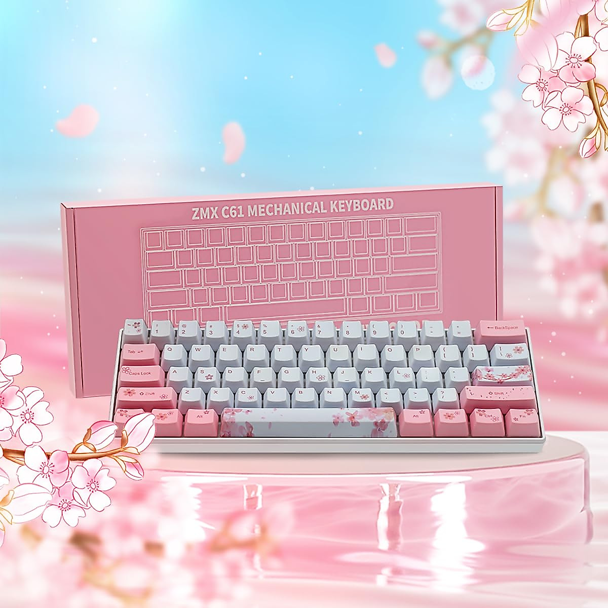 Manbala ZMX Cherry Blossom 61 Mechanical Keyboard,60%Compact Mechanical 61Keys 5.0Bluetooth/Type-C Wired Dual-Mode RGB Backlit Five-Sided Sublimation PBT Keycap Gaming Keyboard (Brown Switch, Pink)