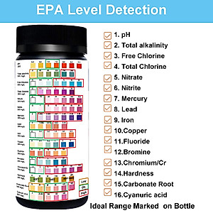 16 in 1 Drinking Water Test Kit - Hofun Professional Hardness Testing Kits, Tap and Well Water Test Strips with Hardness, PH, Mercury, Lead, Iron, Copper, Chlorine, Chromium/Cr, Cyanuric Acid
