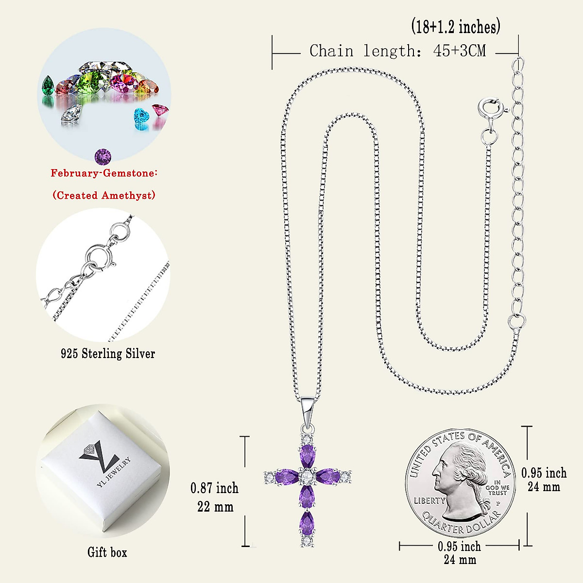 YL Cross Necklace 925 Sterling Silver Created Amethyst Pendant Religious Jewelry 18K White Gold Plated Gemstone Christian Baptism Gift