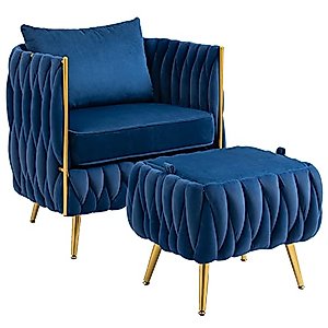 NIOIIKIT Modern Velvet Accent Chair with Storage Ottoman, Upholstered Hand Woven Lounge Chair with Pillow, Luxury Armchair, Vanity Chair for Living Room, Bedroom, Office (Navy)