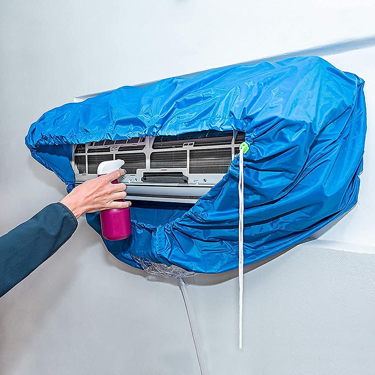 Air Conditioner Cleaning Protector Cover Waterproof Dustproof Cover Bag with Drain Outlet and Water Pipe Dust Washing Clean Protector Bag Wall Mounted Split AC Air Conditioning Service Bag (Blue, M)