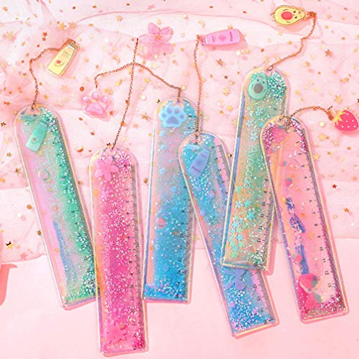 NUOBESTY 2pcs Quicksand Student Stationery Bookmark Ruler Cute Measurement Decoration Ruler Flow Sand Bookmark rulers Girl Drawing Template Cute Page Markers for Girls, Ladies, Children
