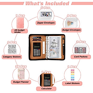 Budget Binder with Zipper Envelopes, Cash Envelopes for Budgeting with Planner A6 Binder & Calculator, Money Organizer for Cash and Card & Sticker Labels for Office School Home Shopping (Pink)