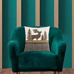 Comfy Hour Wildlife Collection 14"x14" Plaid Moose with Christmas Tree Accent and Throw Pillow, Winter Decorative Cushion, Polyester
