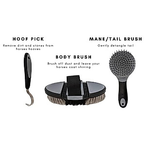 Rugged Horse Grooming Kit - Seven Piece Grooming Kit for Horses. Contains Horse Brushes, Hoof Pick, Sweat Scraper and Grooming Tote