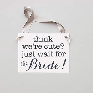 2 Ring Bearer Wedding Signs Slate Ink & Gray Ribbon | Flower Girl Ceremony Banner Classic (We're Still Single + Think We're Cute Wait for the Bride)