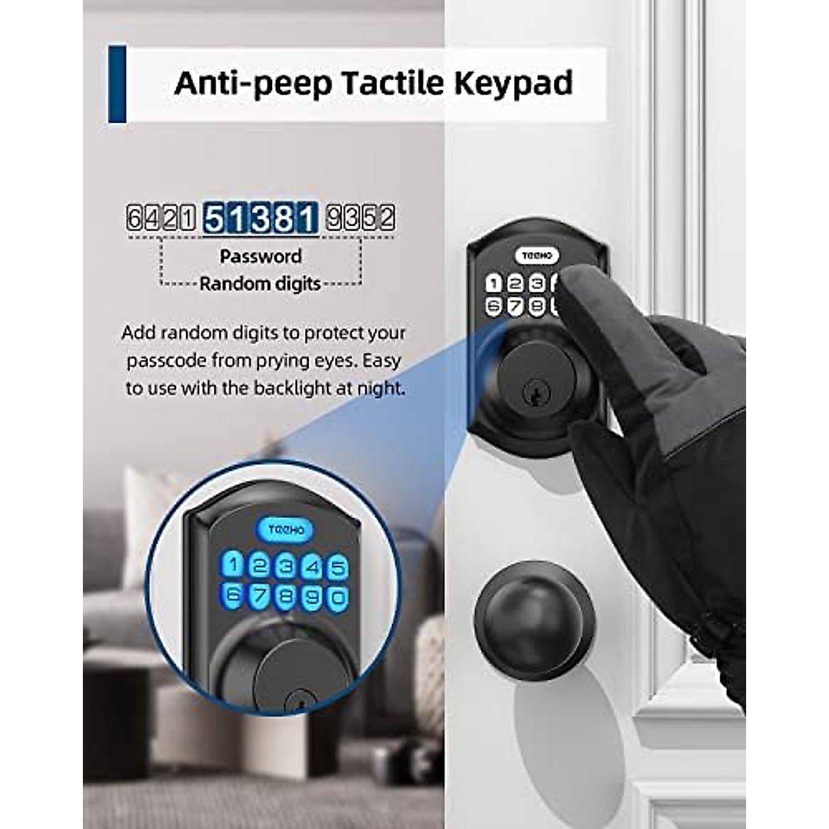 TEEHO TE001K Keyless Entry Door Lock with Handle - Electronic Keypad Deadbolt with Door Knob - Deadbolt Smart Lock for Front Door - Auto Lock - Easy Installation - Matte Black