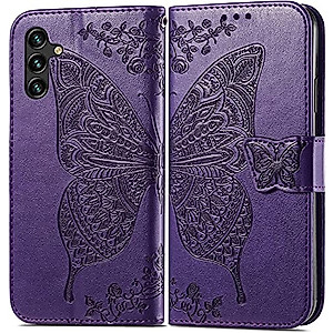 Wallet Case for Samsung Galaxy A14 5G,PU Leather Wallet Flip Protective Phone Case Wrist Strap Card Slots Holder Pocket Emboss Butterfly Flower Stand Case for Samsung Galaxy A14 5G Purple