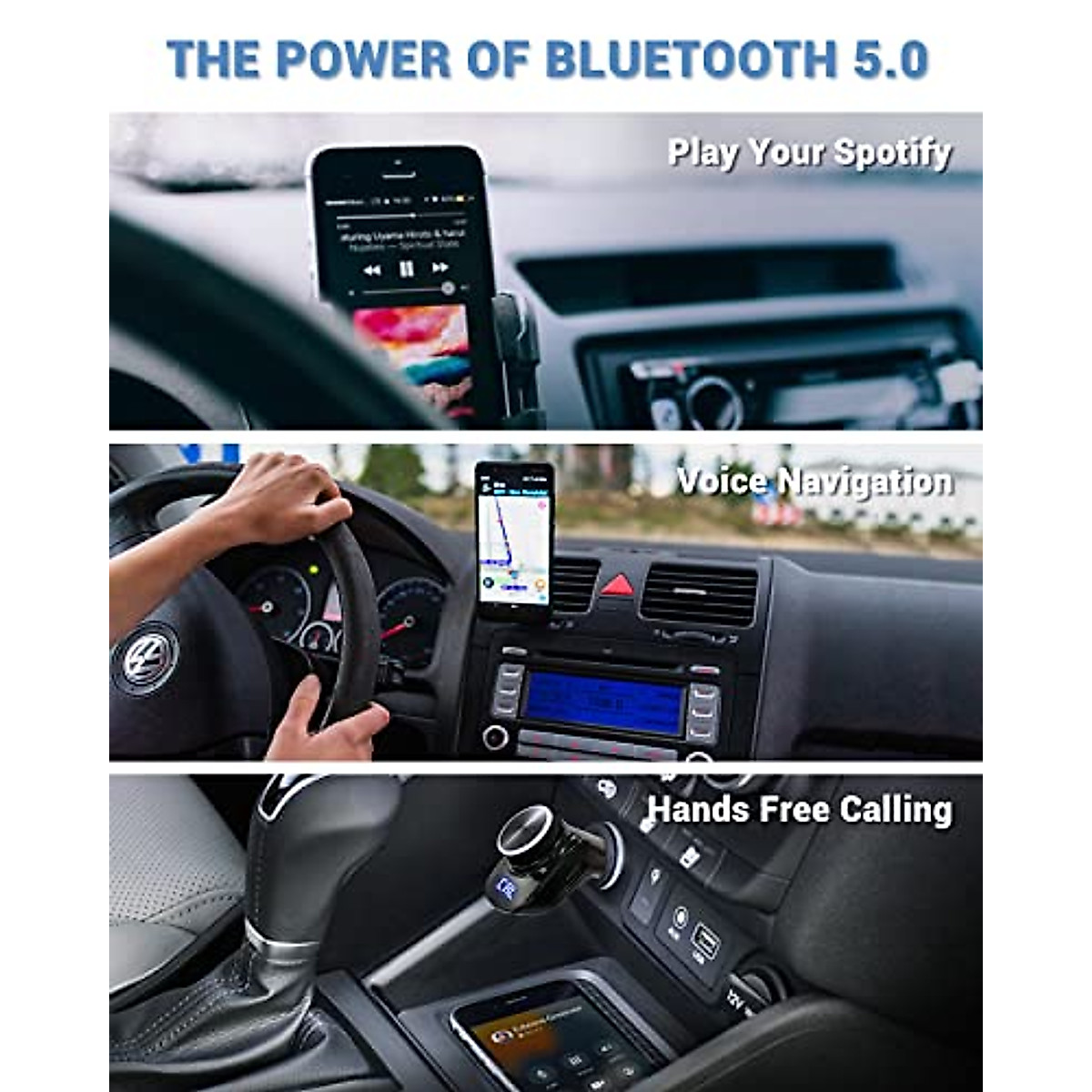 NECESPOW Bluetooth FM Transmitter for Car, Bluetooth 5.0 Car Adapter w/AUX Cable, MP3 Player Wireless Radio Receiver Car Kit Support 48W(USB-C PD+QC3.0)/AUX/TF Card/U-Disk