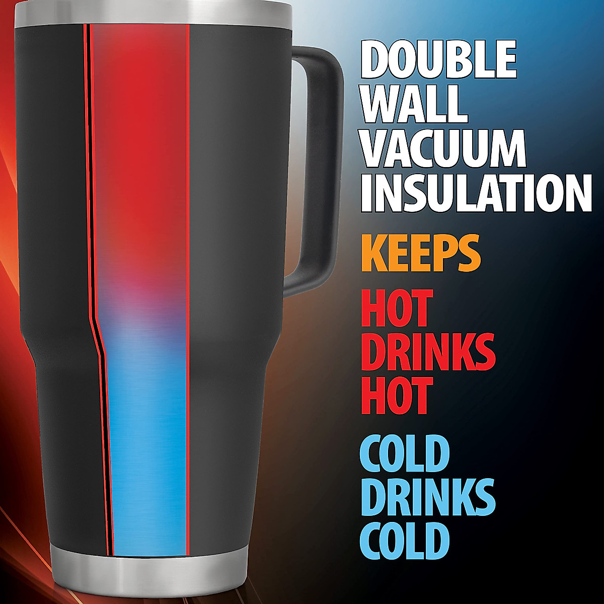 XPAC Double Vacuum Wall Stainless Steel Tumbler with Lid, 64 Ounce, With Handle, Black, Fits in a 4" Wide Car Beverage Holder