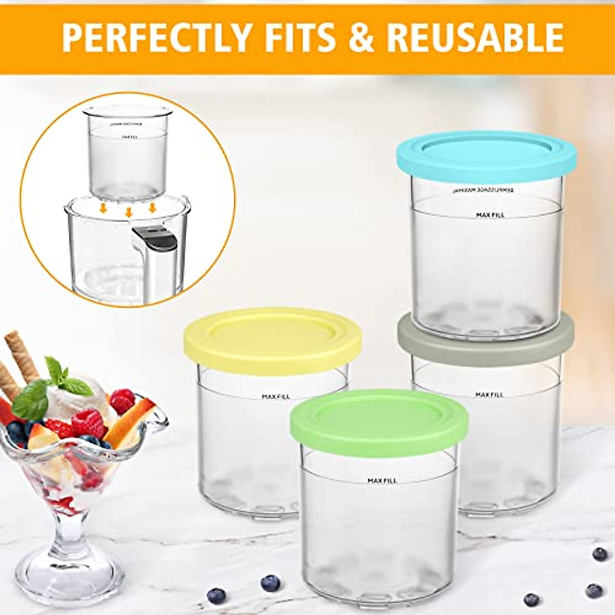 CTSZOOM Containers Replacement Ice Creami Pints and Lids, 16oz Containers Compatible with Ninja NC301 NC300 NC299AMZ Series Ice Cream Maker 4 Pack, BPA Free Dishwasher Safe Green/Grey/Blue/Yellow