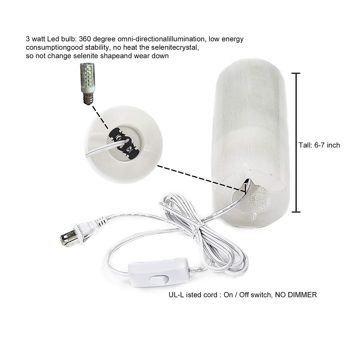 AMOYSTONE White Selenite Electric Lamp Natural Gemstones Crystals Light 3-4 lbs with Cord and Led Bulb Cylindrical 7"