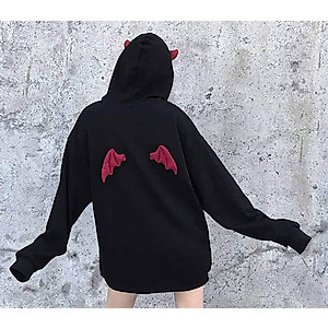kydely Womens Devil Wings Red Horn Sweatshirt Long Sleeve Hoodie Pullover Hooded Tops, Black, X-Large