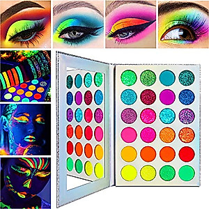 DE'LANCI Neon Eyeshadow Palette Glow in the Dark, Aurora Glow Eyeshadow Pallets Stage, Halloween Christmas Makeup Kit UV Blacklight Matte and Glitter Fluorescent Eye Shadows Highly Pigment
