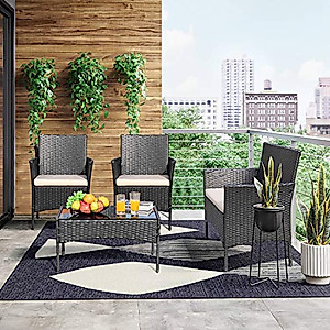 KaiMeng Patio Outdoor 4 Pieces Indoor Use Conversation Sets Rattan Wicker Chair with Table Backyard Lawn Porch Garden Poolside Balcony Furniture, Black