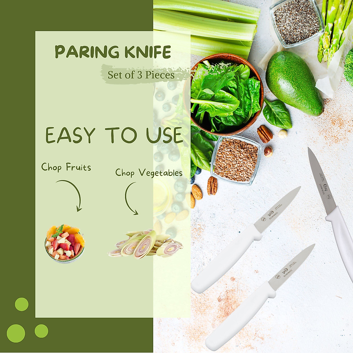 Paring Knives Set Of 3 White Handle 3.25 inch Paring Dishwasher Safe Fruit Choice Pairing Knife, Small Piece Kitchen knive pack sharp professional pairing knive pack, kiwi knife, mini