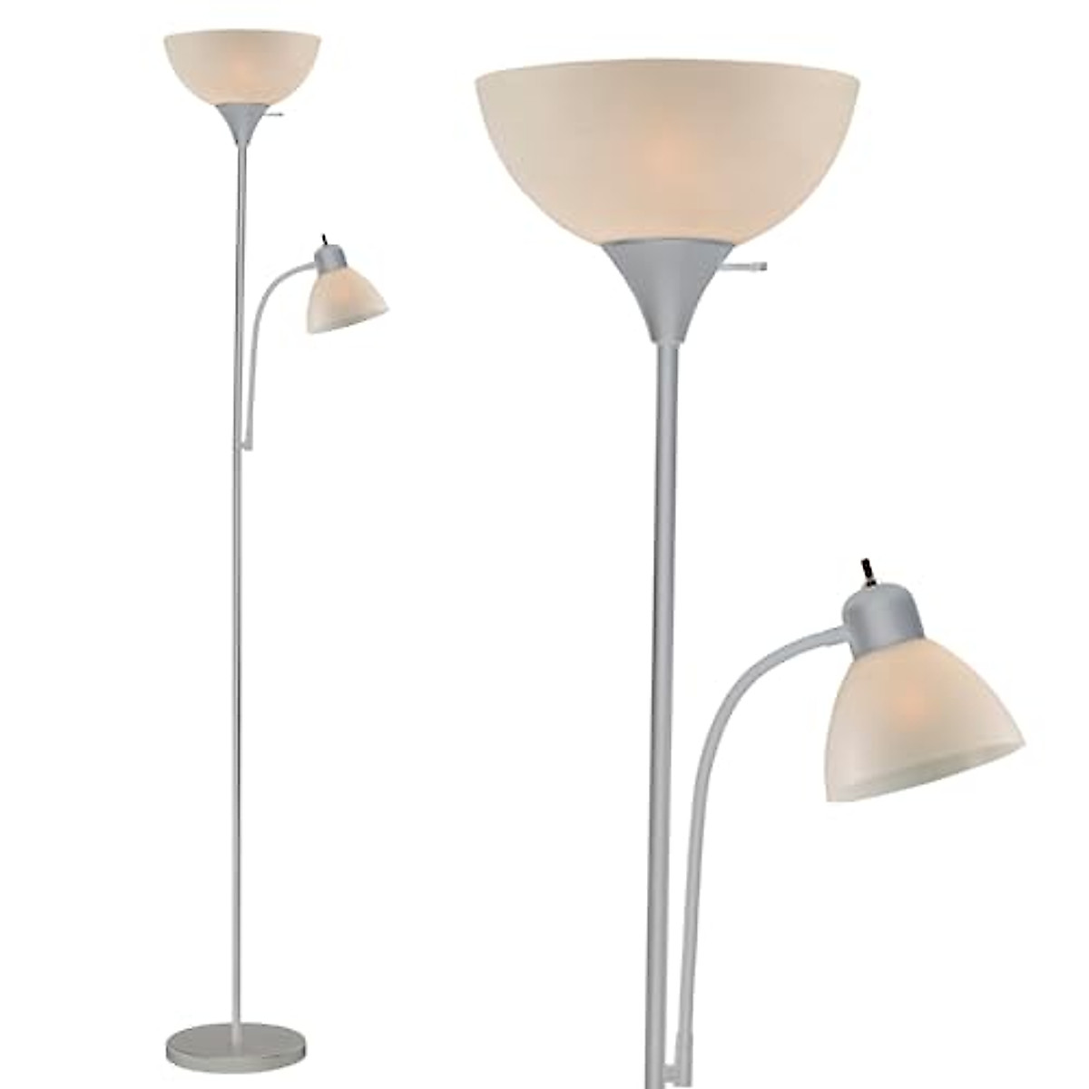 Adjustable Silver Floor Lamp with Reading Light By Light Accents - Susan Modern Standing Lamp For Living Room/Office Lamp 72" Tall - 150-watt With Side Reading Light Corner Lamp (Silver)