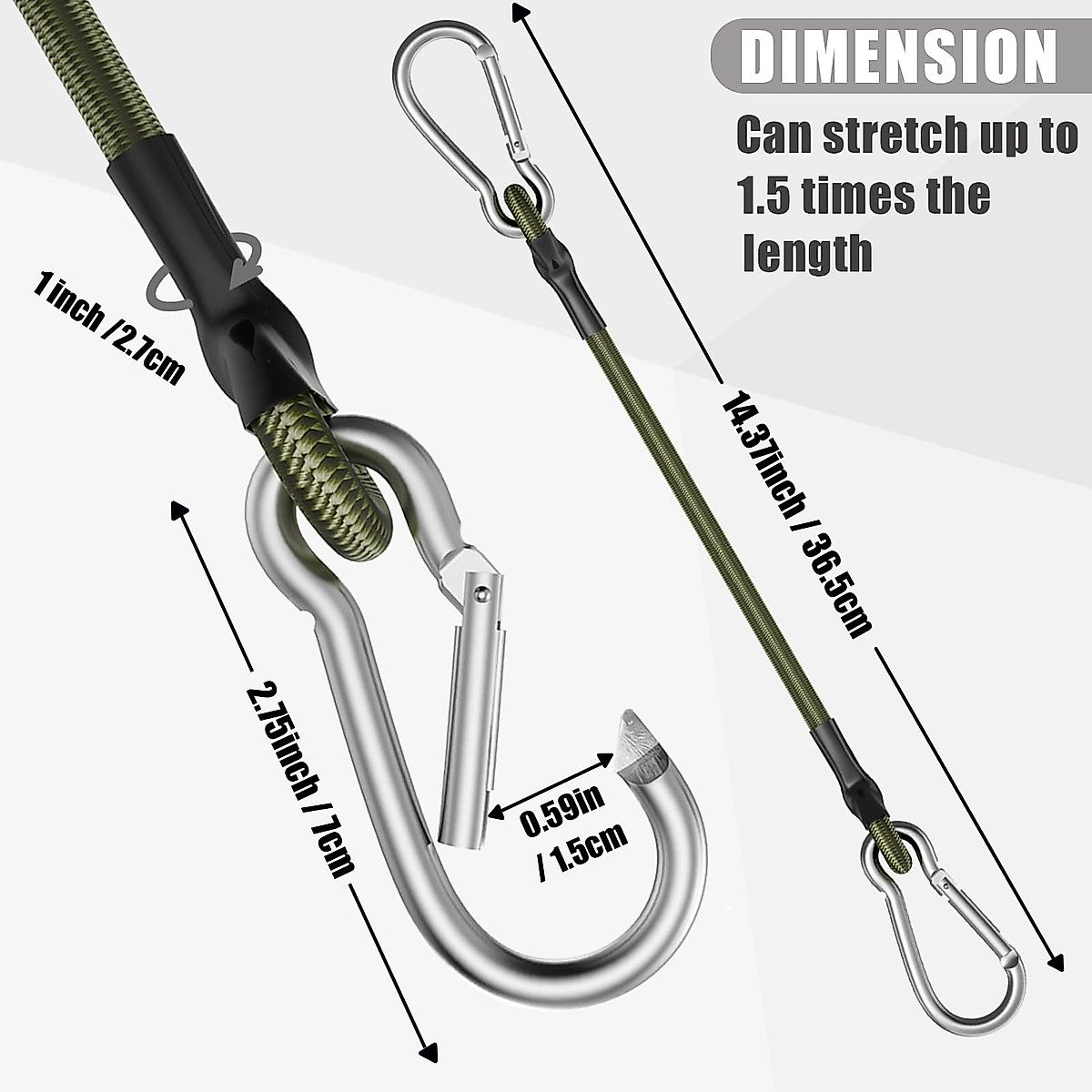 Bungee Cords with Carabiner Hooks 12 inch Heavy Duty Outdoor Camping Accessories Rope Elastic for Luggage Cargo Camping RV Hand Carts Oilcloth Binding 4 pcs