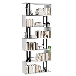 Gadroad 6 Tier Geometric Bookcase,S Shaped Bookshelf, Wood Decorative Storage Shelving, Modern Freestanding Display Shelves, Tall Book Shelf Unit for Living Room Bedroom, White