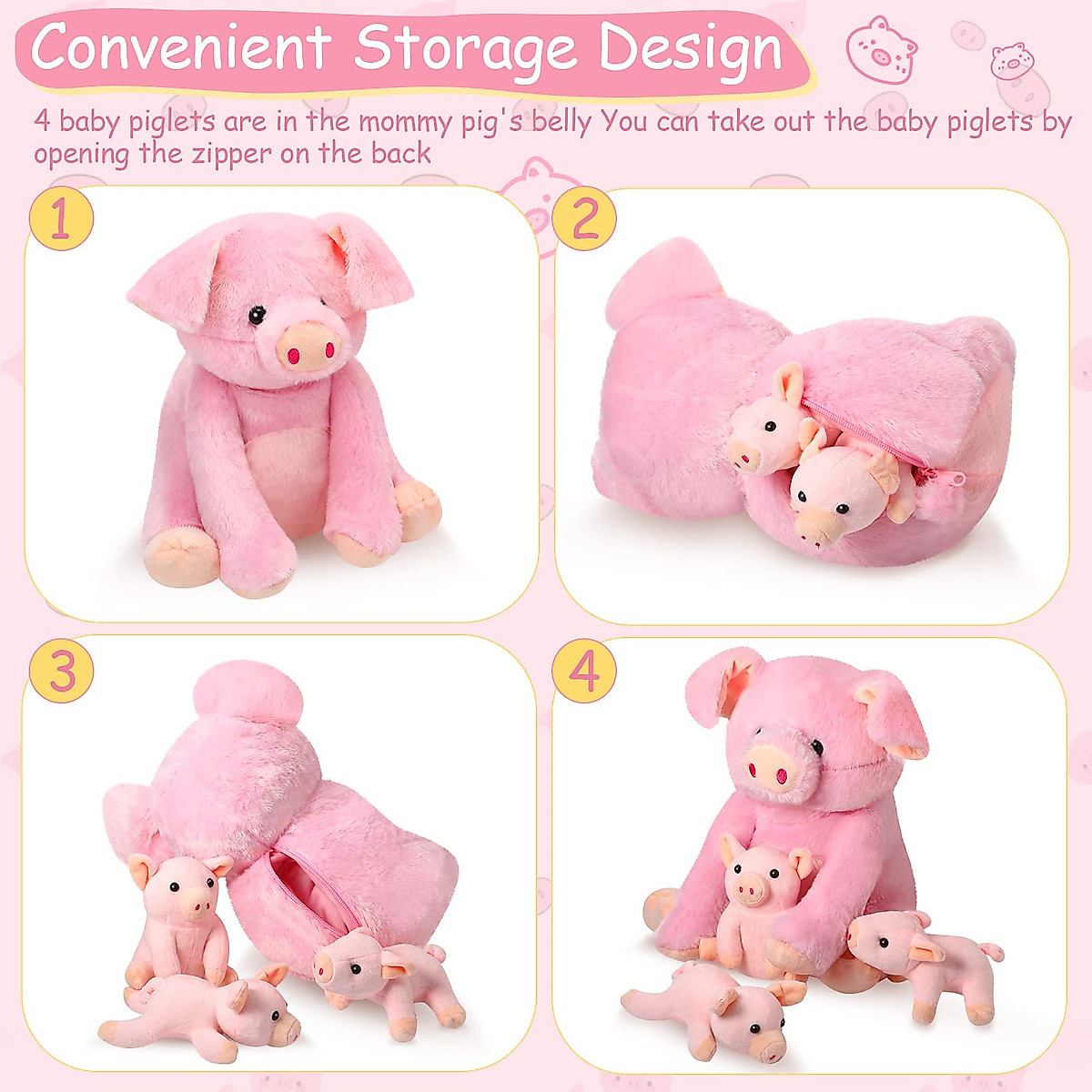 Zomiboo 4 Pcs Pig Plush Stuffed Animals Set Mommy Pig Stuffed Animal with 3 Baby Plush Piggy in Her Tummy Mommy Pig and Baby Small Plush Pig Valentine's Day Birthday Gift for Toddlers Boys Girls
