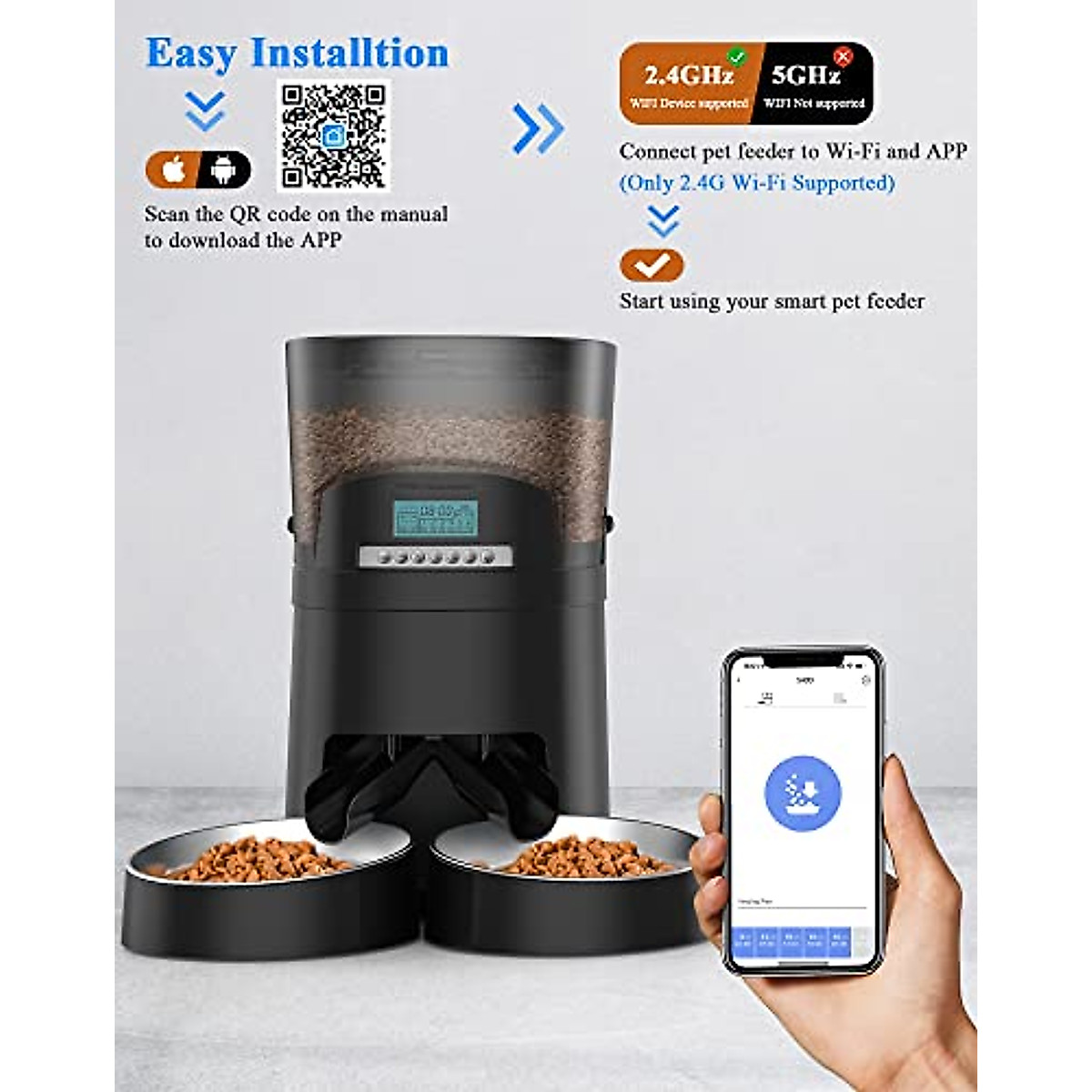 HoneyGuaridan Automatic Cat Feeder for 2 Cats,Wi-Fi Smart Pet Feeder,Timer Cat Food Dispenser for Cats & Dogs, APP Control,Dessicant, Voice Recorder,Stainless Steel Bowl 1-6 Meals a Day (Black)