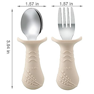 PandaEar Baby Toddler Fork and Spoon Utensil Set, 6 Pack Silicone Stainless Steel Silverware Spoon Fork for Babies Toddler, BPA Free with Silicone Holding Anti-Choke Design (Blue&Green&Light Tan)