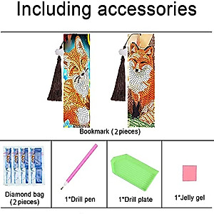 pigpigboss Fox Bookmark Diamond Painting Kit 2 Pieces DIY Diamond Painting Bookmark with Tassel Animal Fox Bookmark Diamond Dots Art for Adult Kids Book Decor Crafts