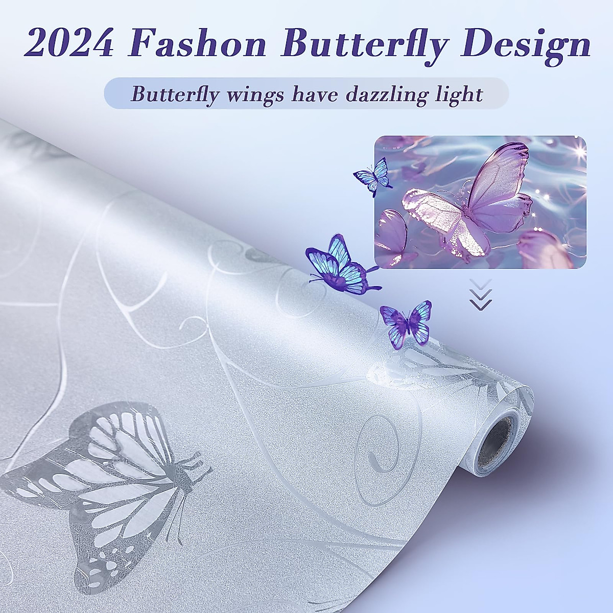 ColorfulHall Butterfly Frosted Glass Window Film Window Privacy Film,Bathroom Decor Privacy Window Film Day and Night Static Cling 90% UV Heat Blocking Window Clings(17.5X78.7 inch)