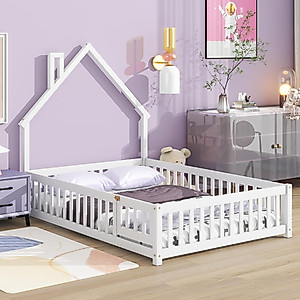 Harper & Bright Designs Kids Full Floor Bed with Rails & House-Shaped Headboard, Wooden Full Montessori Floor Bed Frame, Full Playhouse Bed for Kids Teens Girls Boys (White)