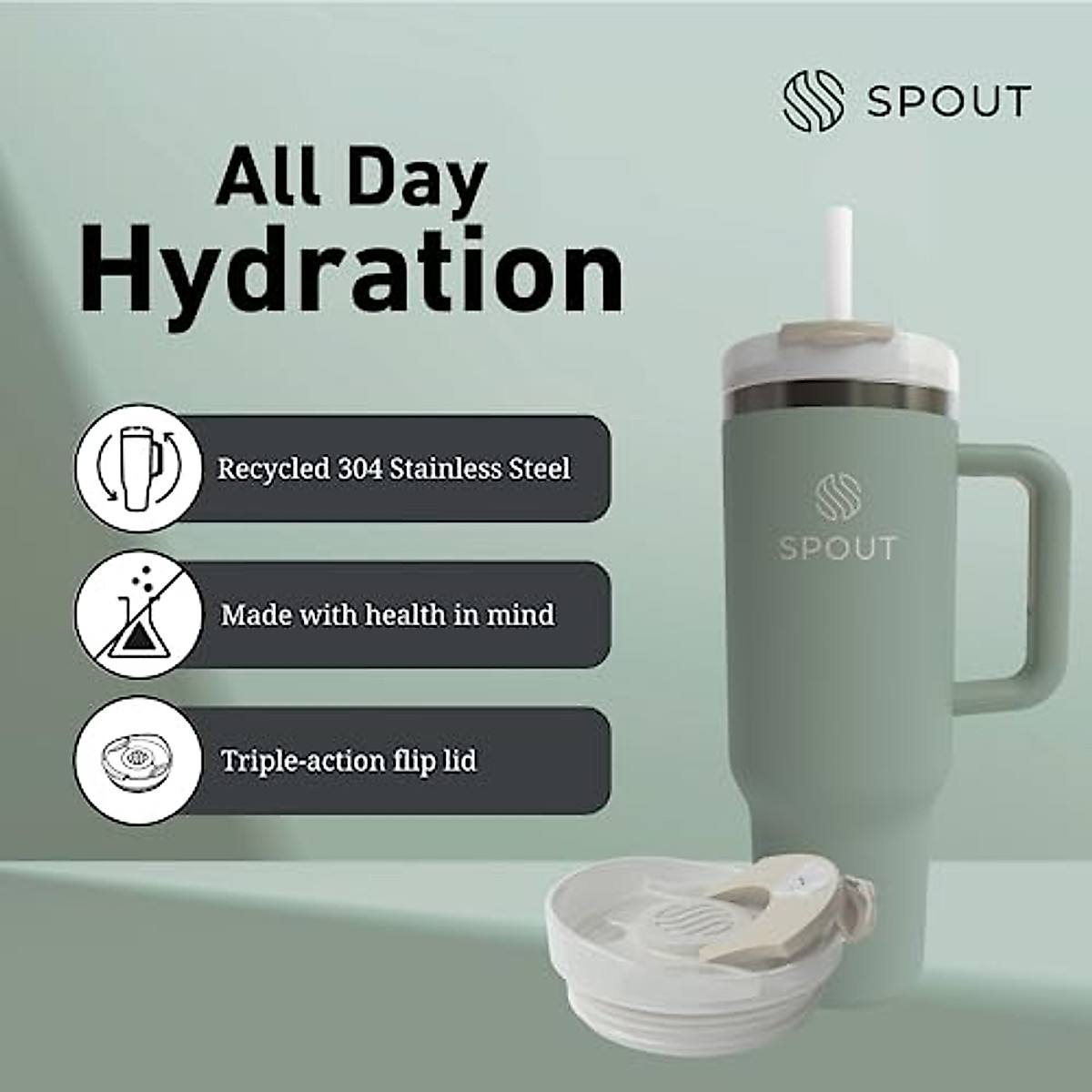 SPOUT 40 oz Tumbler With Handle And Straw, Insulated Stainless Steel Water Bottle With Straw - Travel Mug | BPA Safe Tumblers | Iced Drinks, Water, Cold/Hot Coffee - Cupholder Friendly - Sage